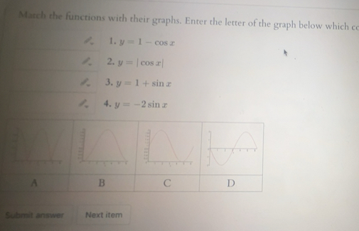 Solved: Match the functions with their graphs. Enter the letter of the ...