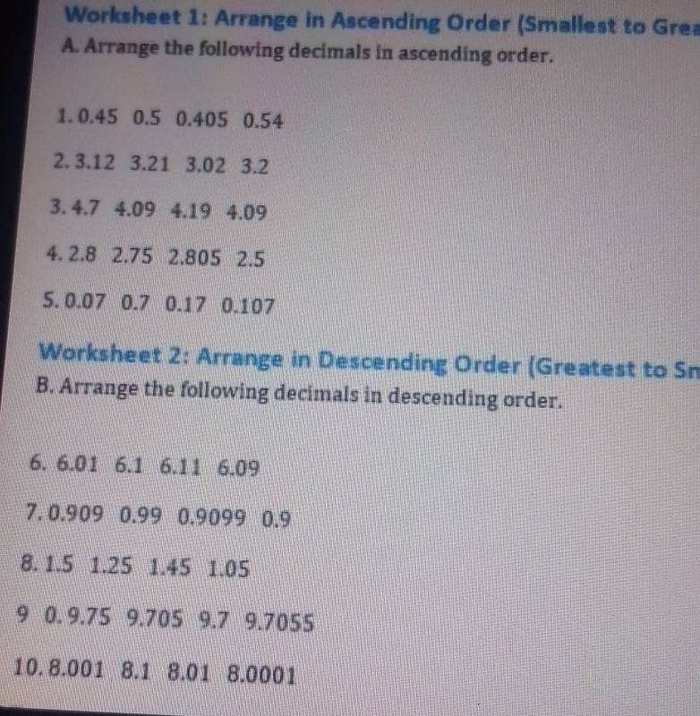 Solved: Worksheet 1: Arrange in Ascending Order (Smallest to Grea A ...
