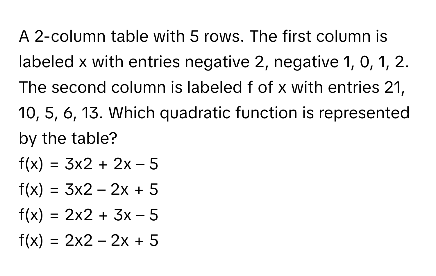 Solved: A 2-column table with 5 rows. The first column is labeled x ...
