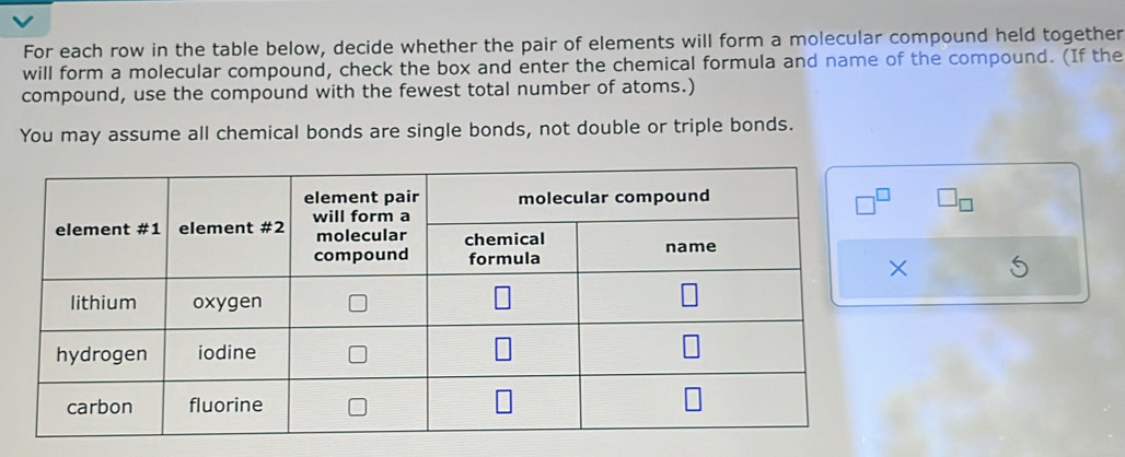 Solved: For each row in the table below, decide whether the pair of elements will form a ...