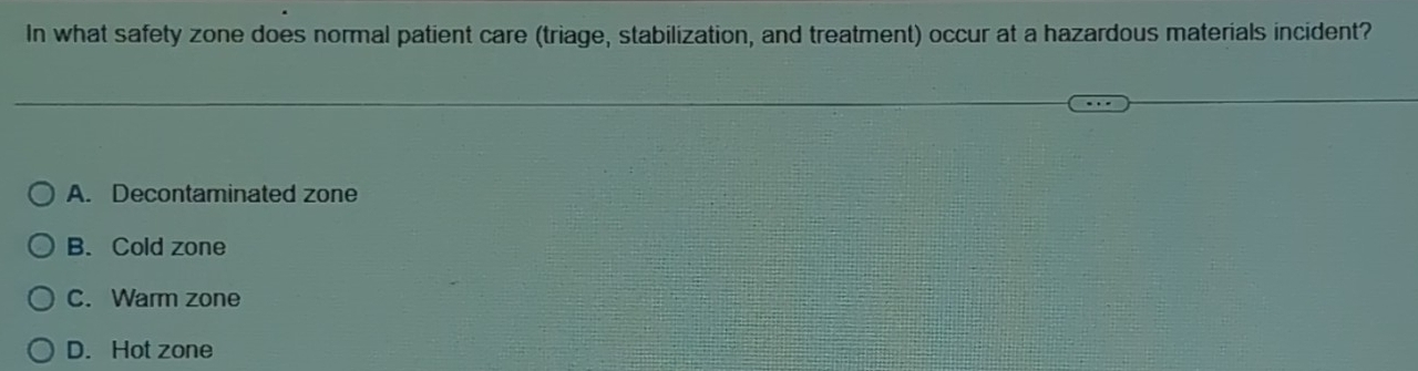 Solved: In what safety zone does normal patient care (triage ...