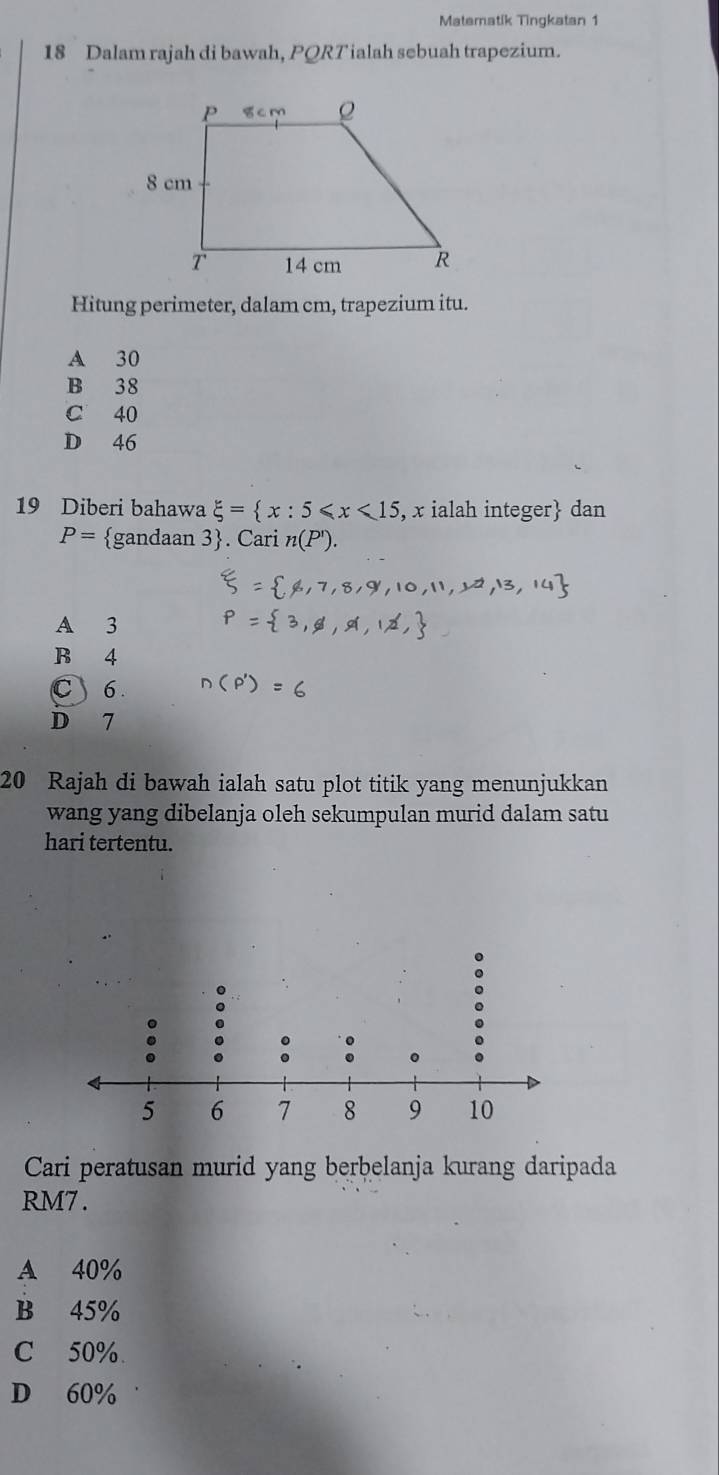 Selesai:Matematik Tingkatan 1 18 Dalam rajah di bawah, PQRT ialah ...