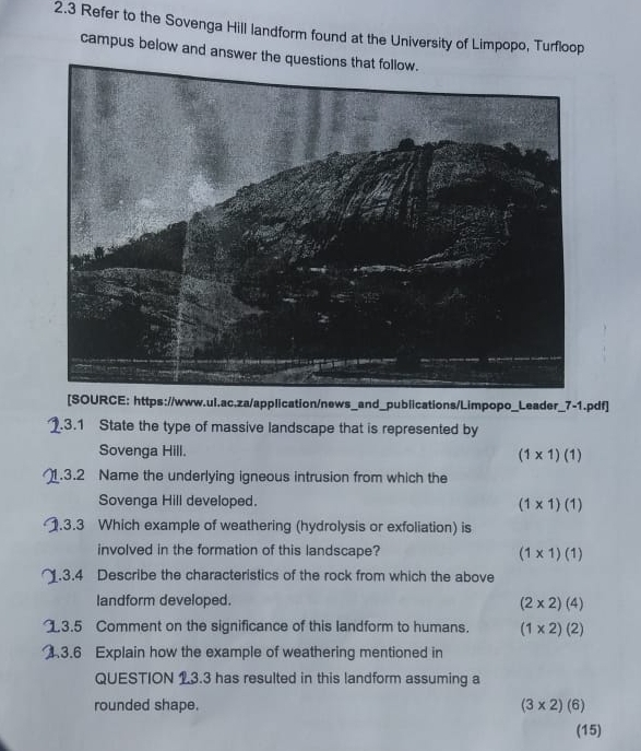 Solved: 2.3 Refer to the Sovenga Hill landform found at the University ...