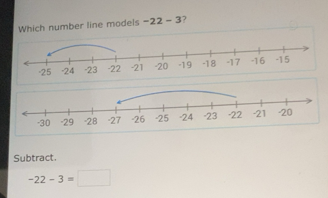 Solved: Which number line models -22- 3? -25 -24 -23 -22 -21 -20 -19 ...