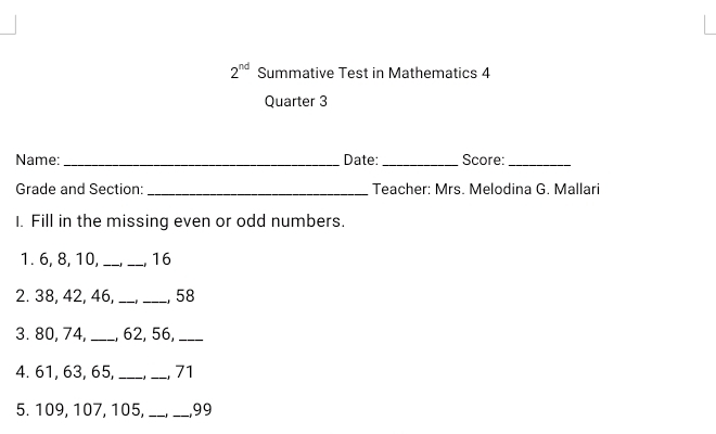 Solved: Summative Test in Mathematics 4 Quarter 3 Name: Date:_Score ...