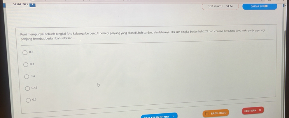 Telah dijawab:SUAL NU. SISA WAKTU: 54:54 DAFTAR SOA Runi mempunyai ...