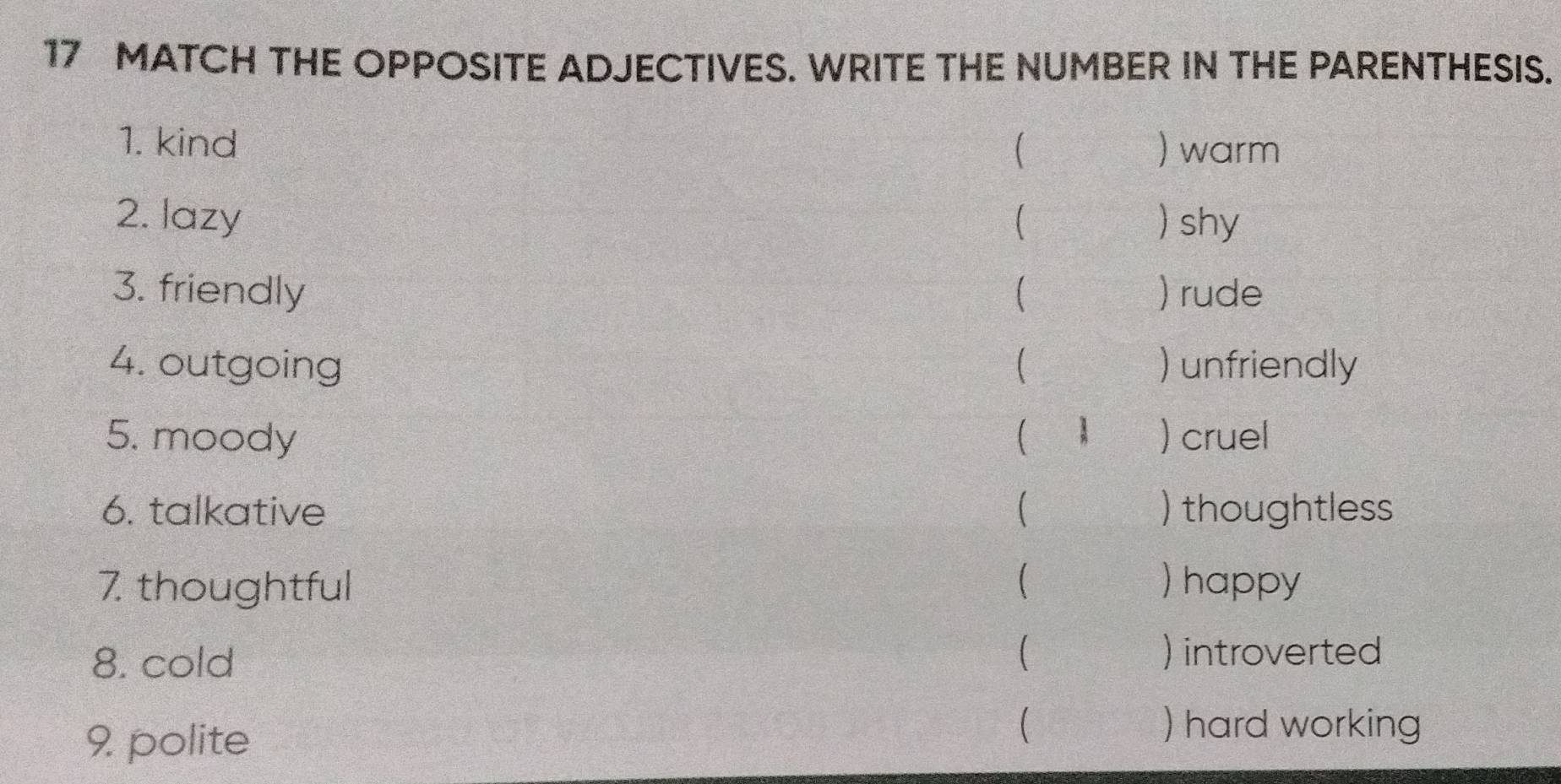 Resuelto:MATCH THE OPPOSITE ADJECTIVES. WRITE THE NUMBER IN THE ...