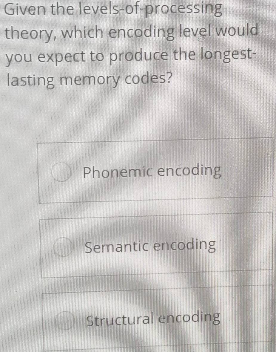 Solved: Given the levels-of-processing theory, which encoding level would you expect to produce ...