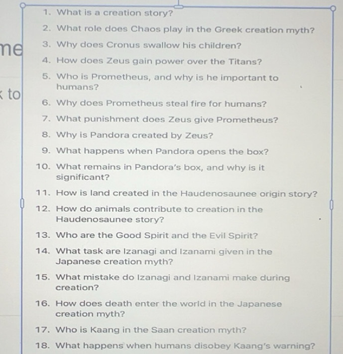 Solved: What is a creation story? 2. What role does Chaos play in the ...