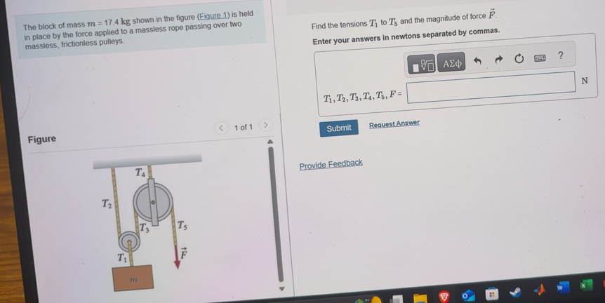 Solved: The block of mass m=17.4kg; shown in the figure (Eigure 1) is held vector F. in place by ...