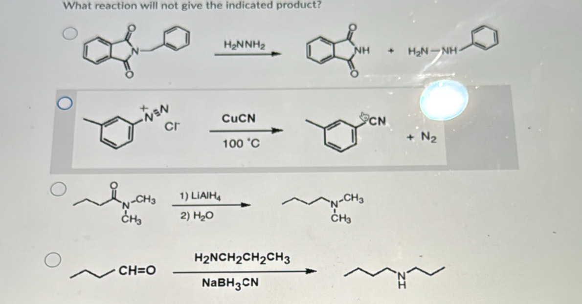 Solved: What reaction will not give the indicated product? H_2NNH_2 NH ...