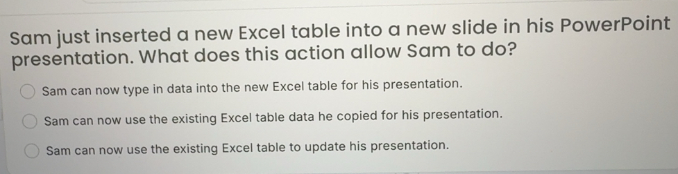 Solved: Sam just inserted a new Excel table into a new slide in his ...