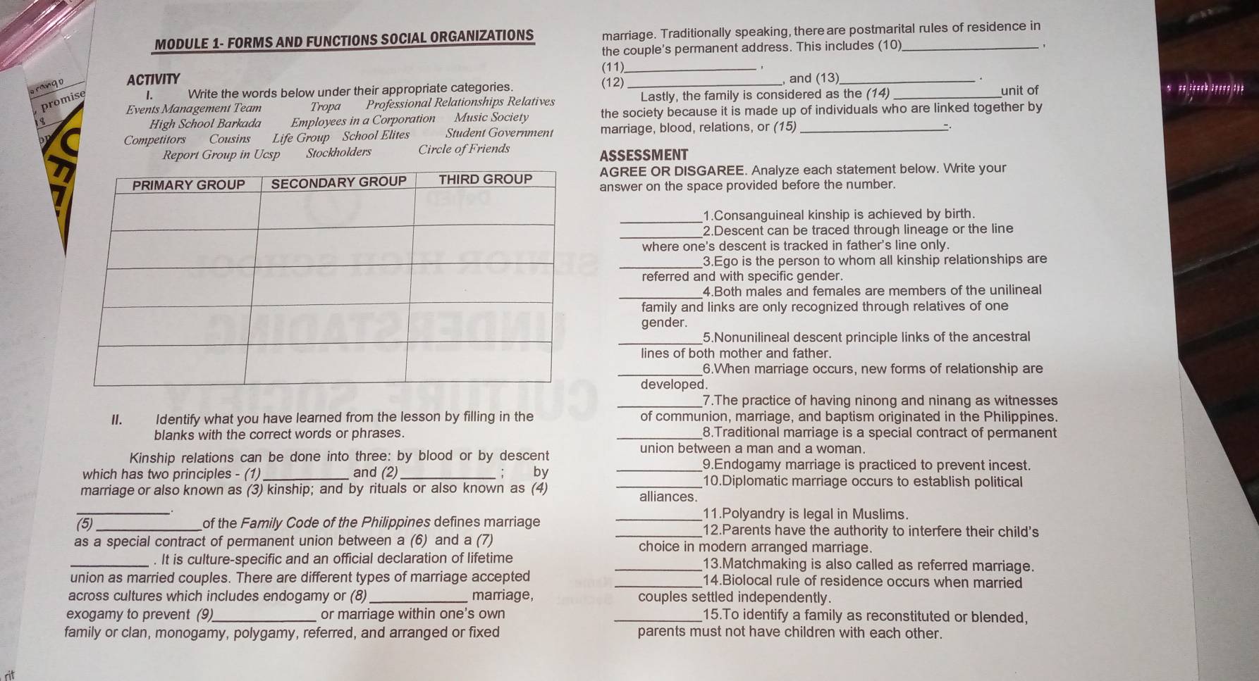 Solved: MODULE 1- FORMS AND FUNCTIONS SOCIAL ORGANIZATIONS marriage ...
