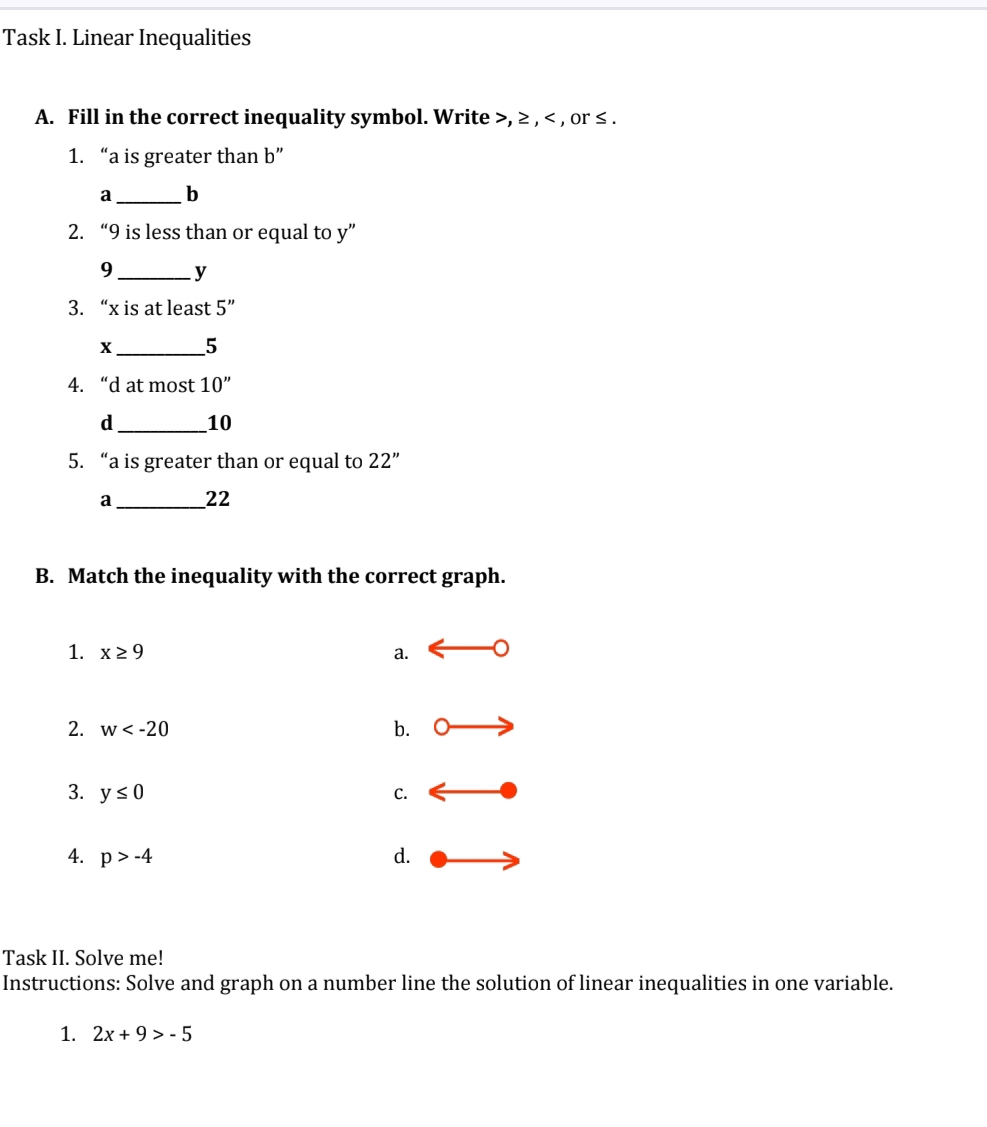 Solved: Task I. Linear Inequalities A. Fill in the correct inequality ...