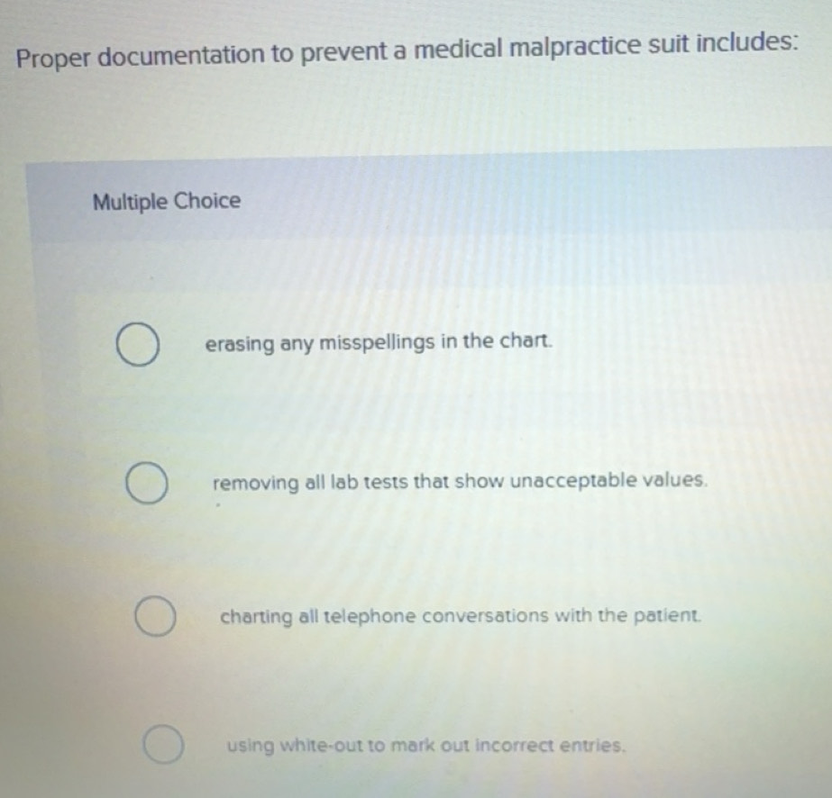 Solved: Proper documentation to prevent a medical malpractice suit ...