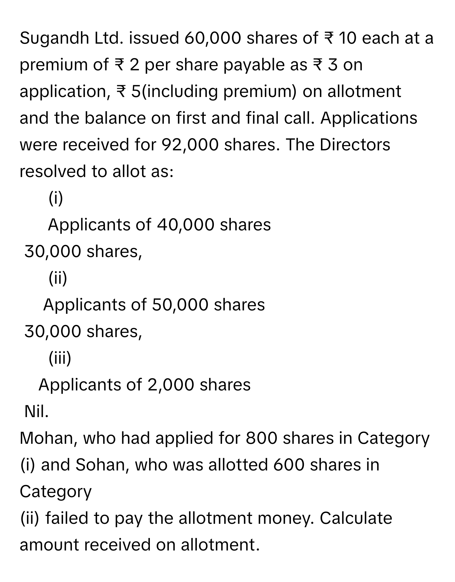 Solved: Sugandh Ltd. issued 60,000 shares of ₹ 10 each at a premium of ...
