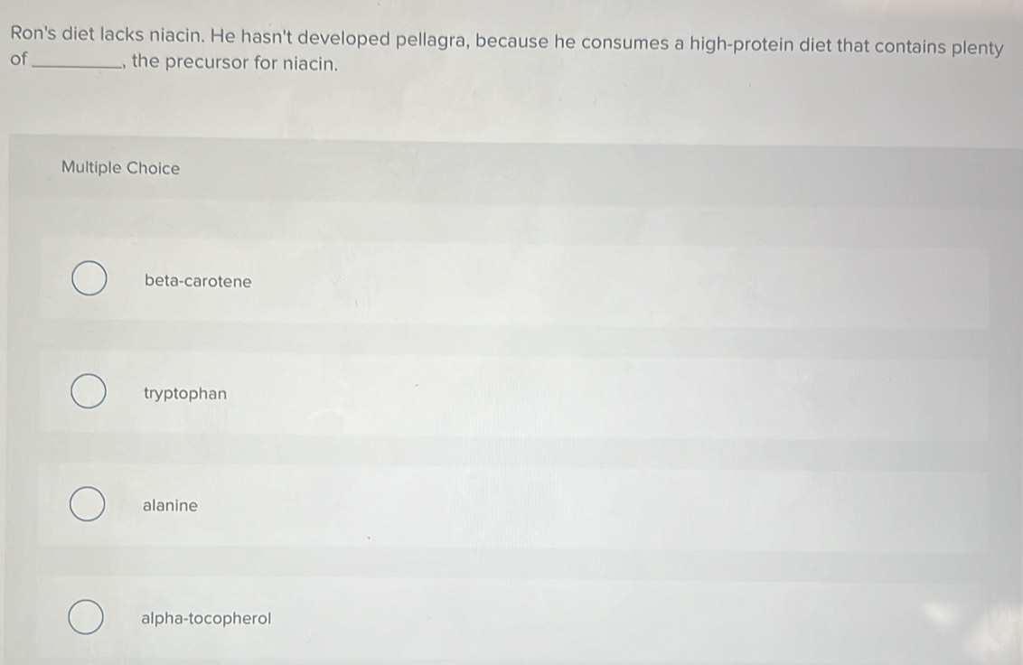 Solved: Ron's diet lacks niacin. He hasn't developed pellagra, because ...