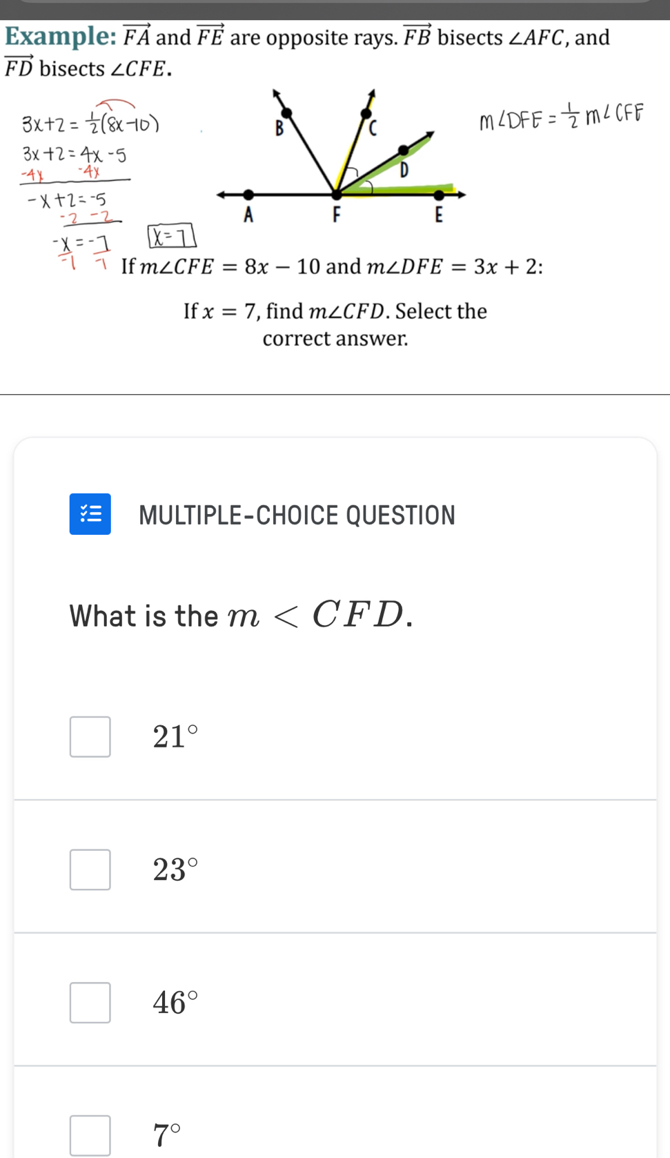 Solved: Example: vector FA and vector FE are opposite rays. vector FB bisects ∠ AFC , and vector ...