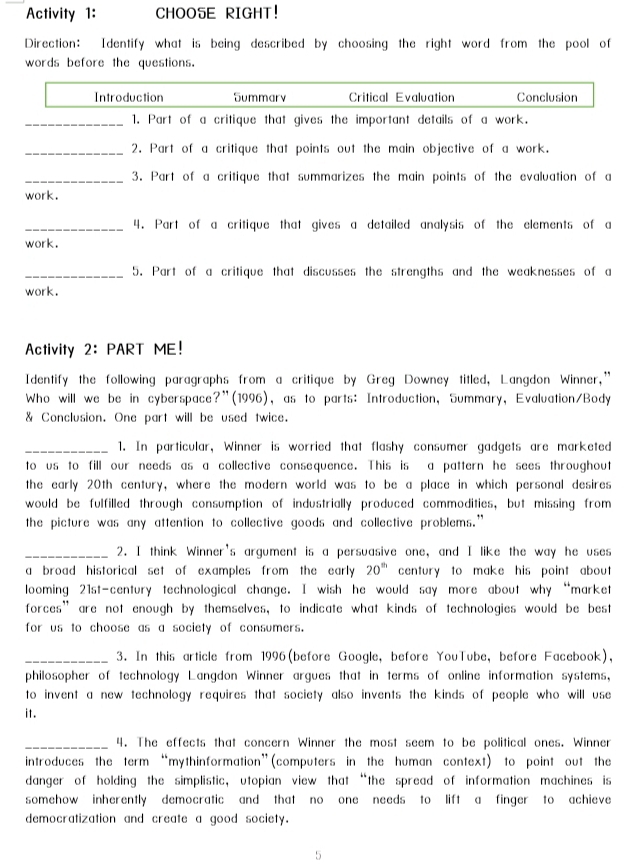 Solved: Activity 1: CHOOSE RIGHT! Direction: Identify what is being ...