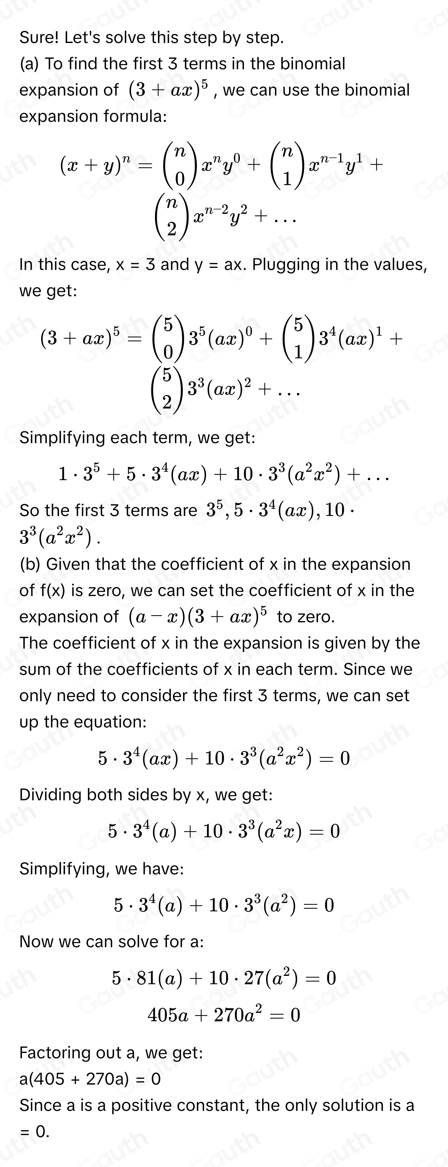 Solved: f(x)=(a-x)(3+ax)^5 , where a is a positive constant (a) Find ...