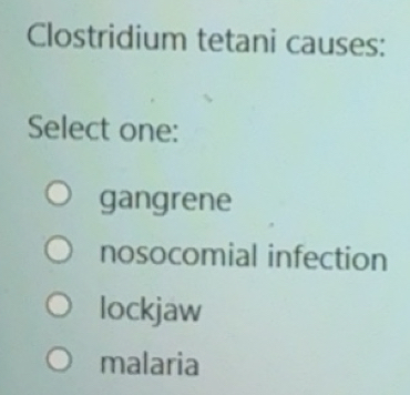 Solved: Clostridium tetani causes: Select one: gangrene nosocomial ...