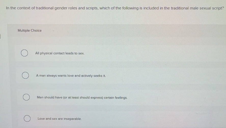Solved: In the context of traditional gender roles and scripts, which of the following is ...