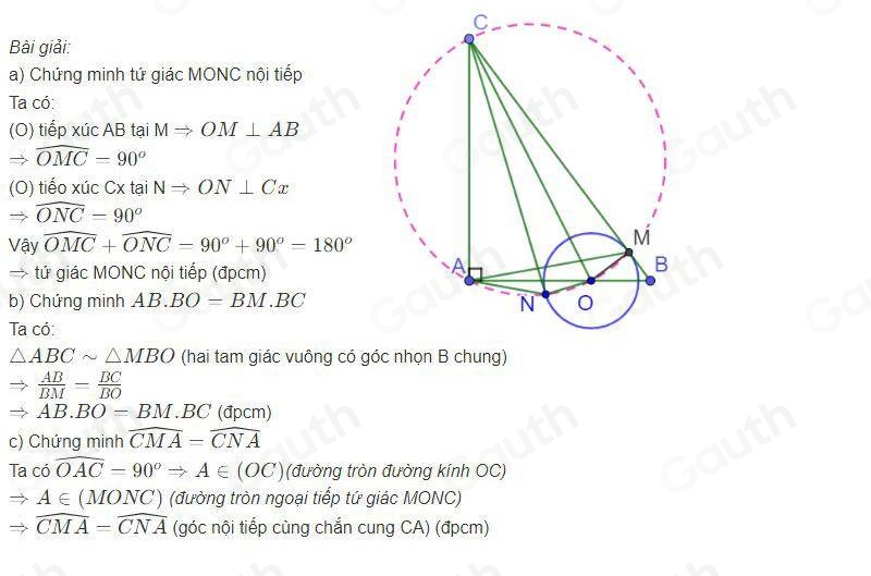 Giải quyết:Cho tam giác ABC vuông tại A, tia Cx nằm giữa hai tia CA và CB. Vẽ đường tròn (O) có O th