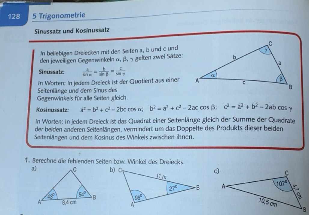 Gelöst:128 5 Trigonometrie Sinussatz und Kosinussatz In beliebigen ...