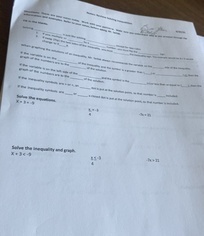 Solved: Notes: Review Solving Inequalitiet Fill in the blanks ...