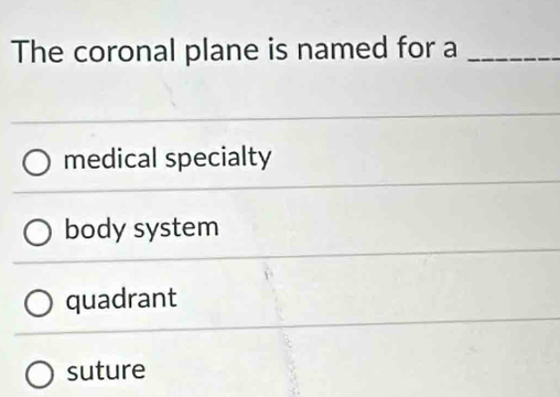 Solved: The coronal plane is named for a_ medical specialty body system ...