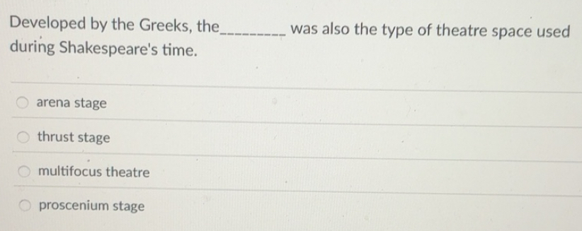 Solved: Developed by the Greeks, the_ was also the type of theatre ...