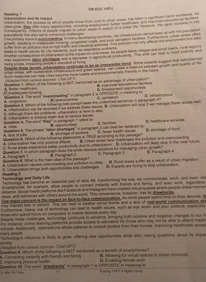 Giải quyết:ÔN ĐọC HIềU Reading 1 Urbanization and Its Impact ...