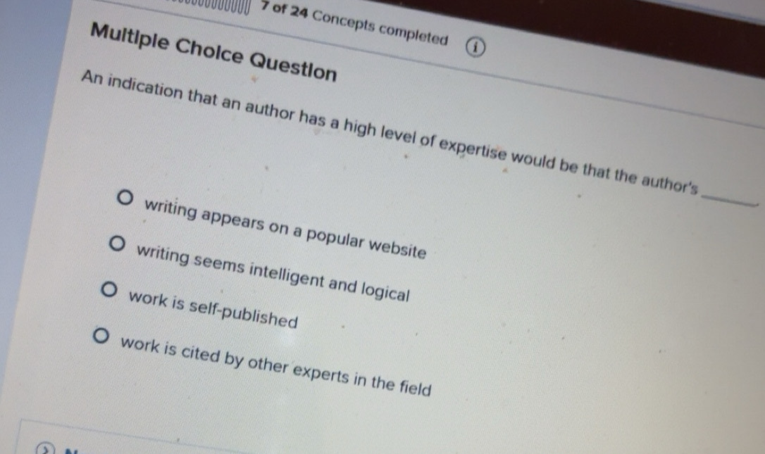 Solved: of 24 Concepts completed Multiple Choice Question _ An indication that an author has a ...