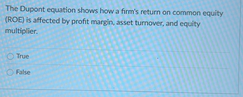 Solved: The Dupont equation shows how a firm's return on common equity ...