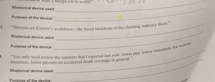 Solved: What a Sherpa life is worth?” Rhetorical device used:_ Purpose ...