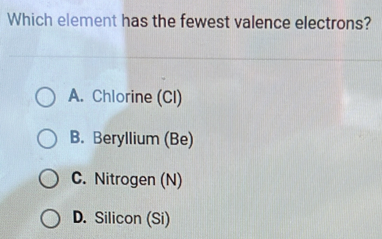 Solved: Which element has the fewest valence electrons? A. Chlorine (CI) B. Beryllium (Be) C ...