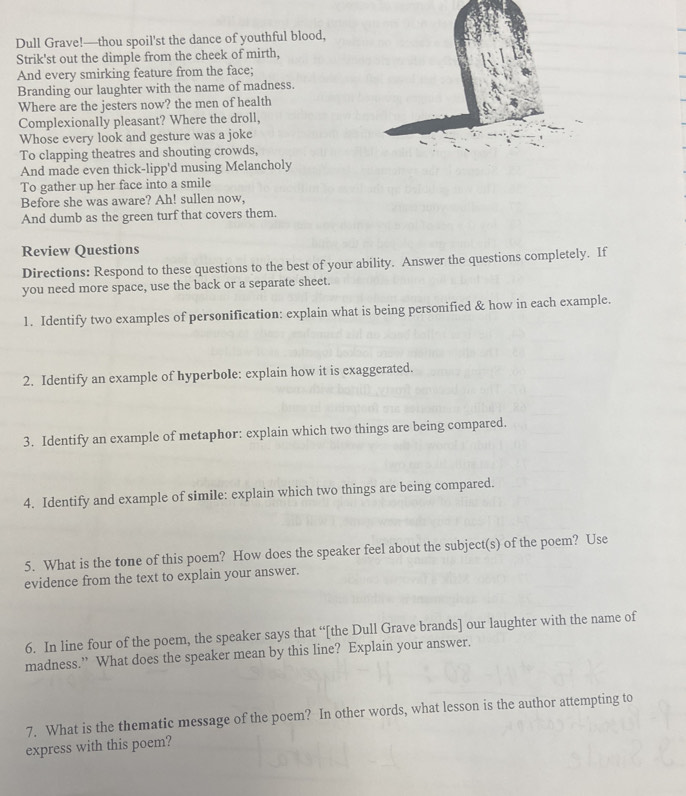 Solved: Dull Grave!—thou spoil'st the dance of youthful blood, Strik'st ...