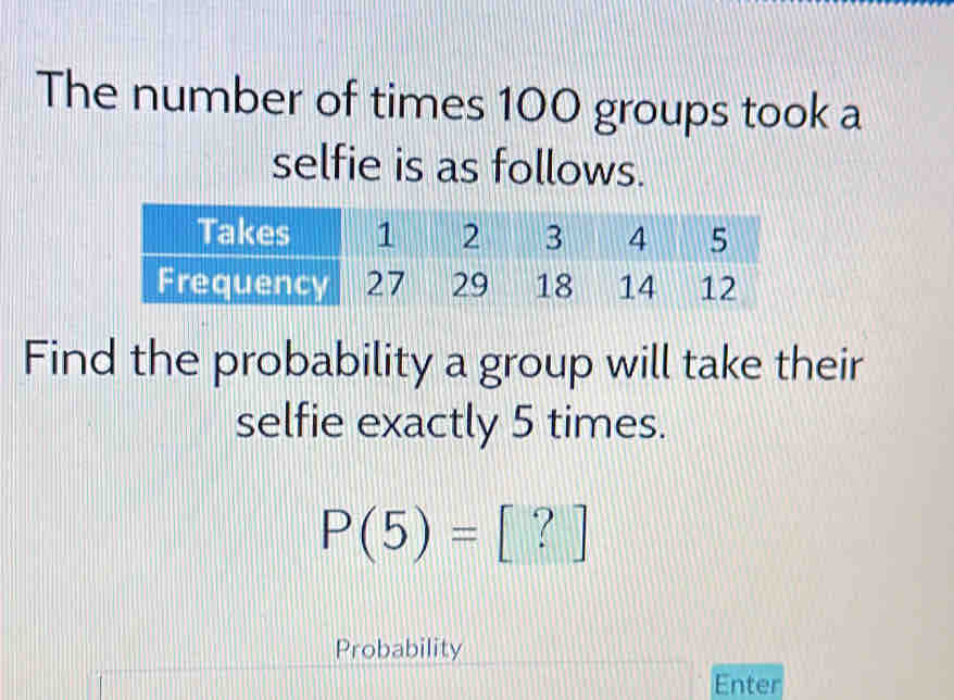 Solved: The number of times 100 groups took a selfie is as follows ...