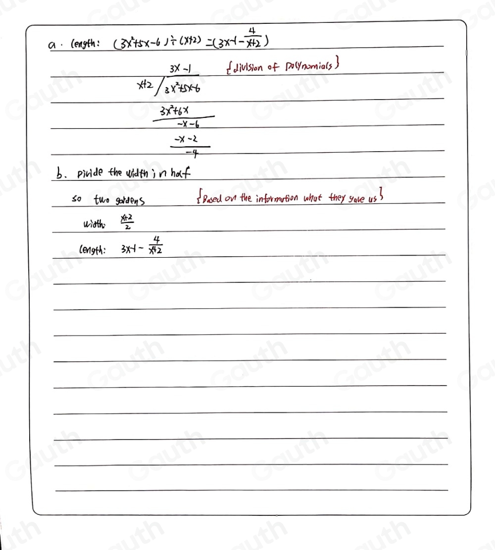 Solved: A rectangular garden in a backyard has an area of (3x2+5x-6) square meters. Its width is ...