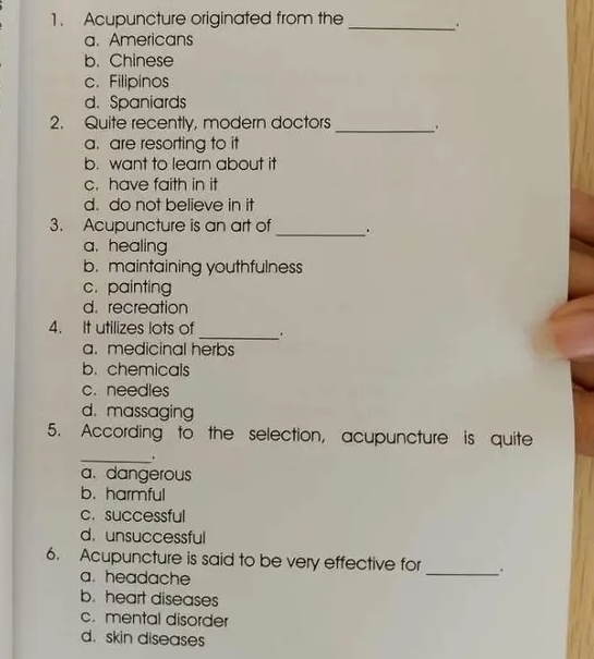 Solved: Acupuncture originated from the _. a. Americans b. Chinese c ...