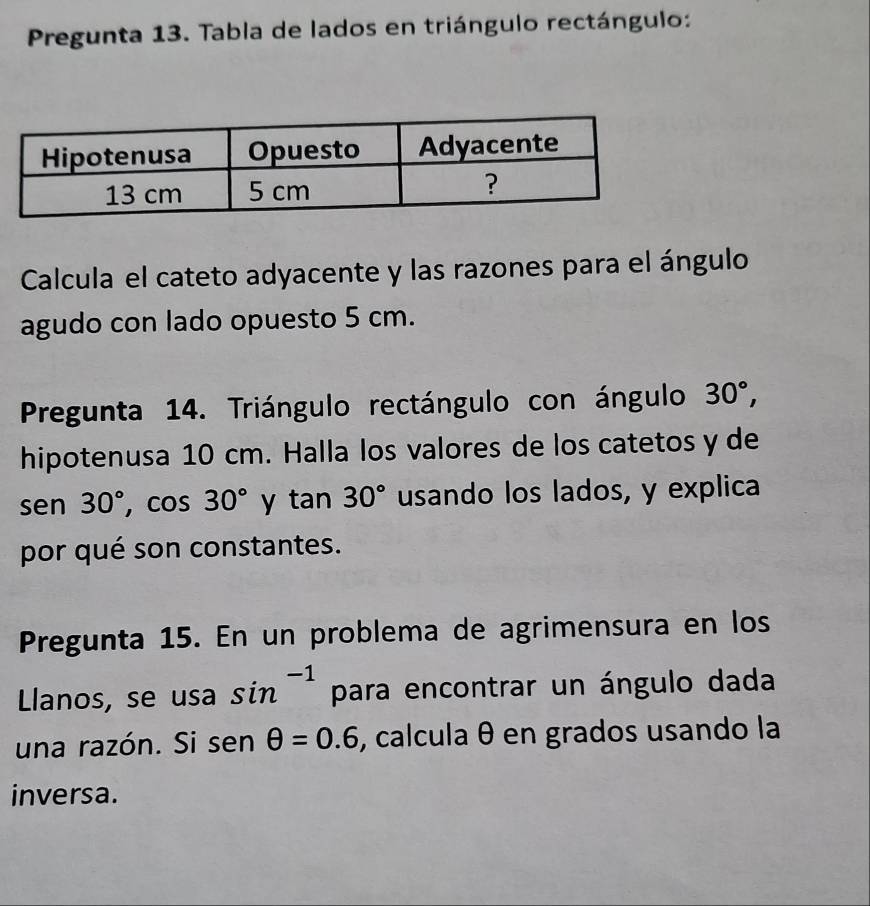 Resuelto:Pregunta 13. Tabla de lados en triángulo rectángulo: Calcula ...