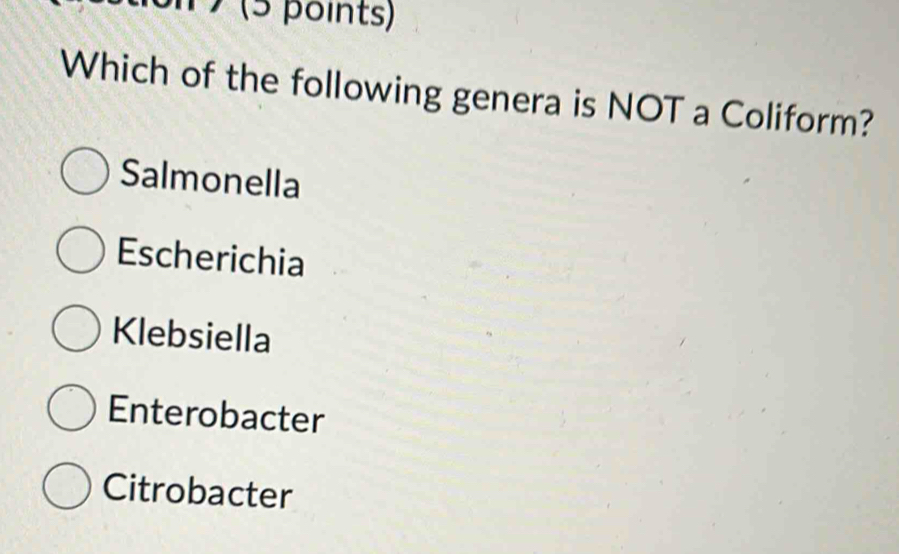 Solved: 9 (5 points) Which of the following genera is NOT a Coliform ...