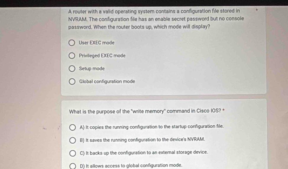 Solved: A router with a valid operating system contains a configuration file stored in NVRAM ...