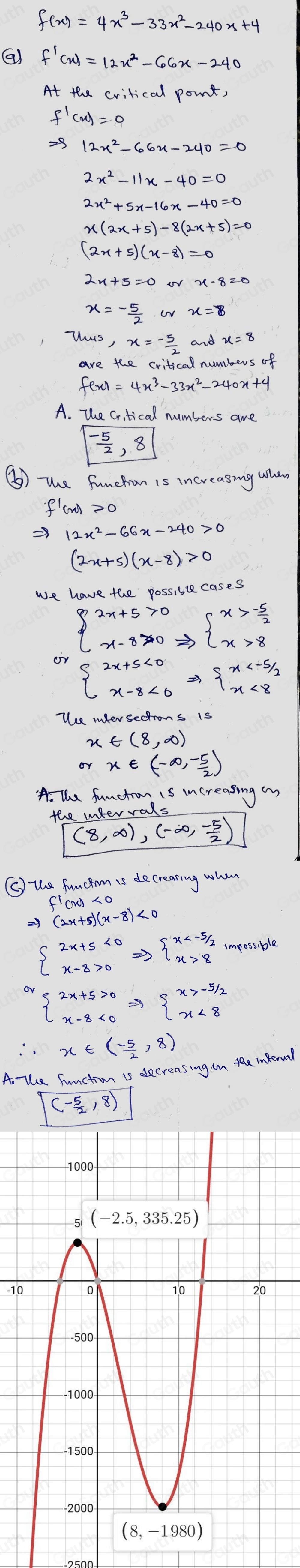 Solved: For the function below, find a) the critical numbers; b) the ...