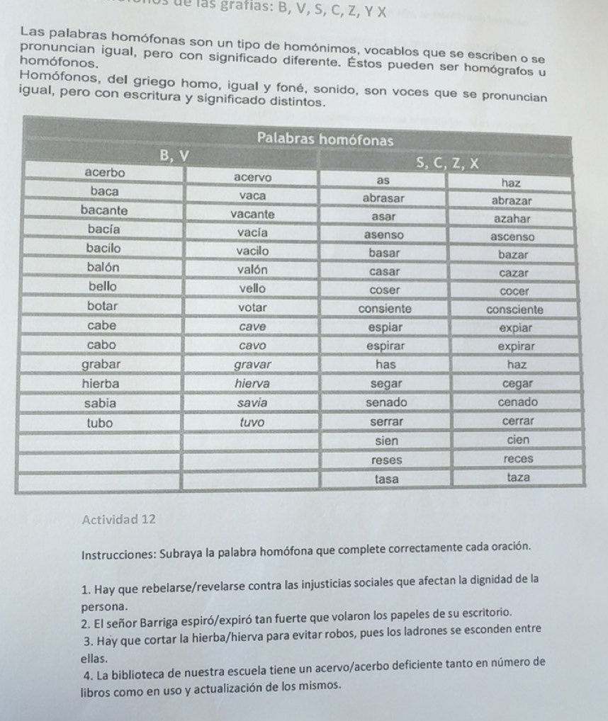 Resuelto:os de las grafias: B, V, S, C, Z, Y X Las palabras homófonas ...