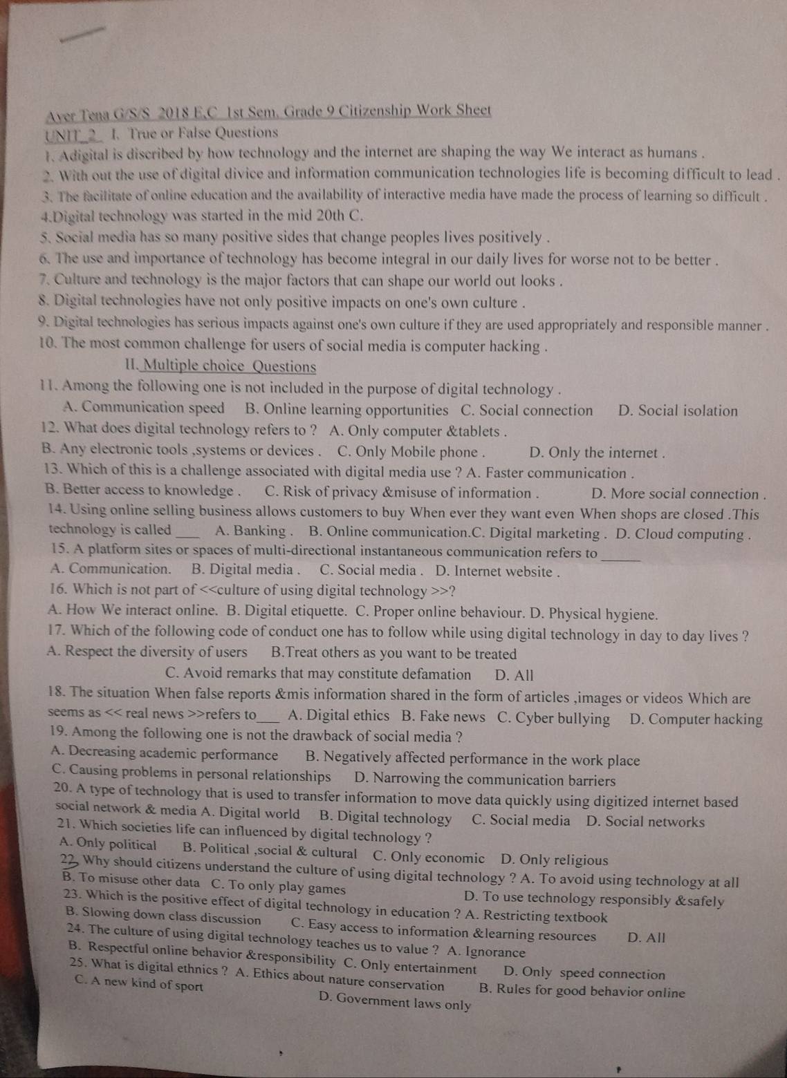 Résolu :Aver Tena G/S/S 2018 E.C 1st Sem. Grade 9 Citizenship Work ...