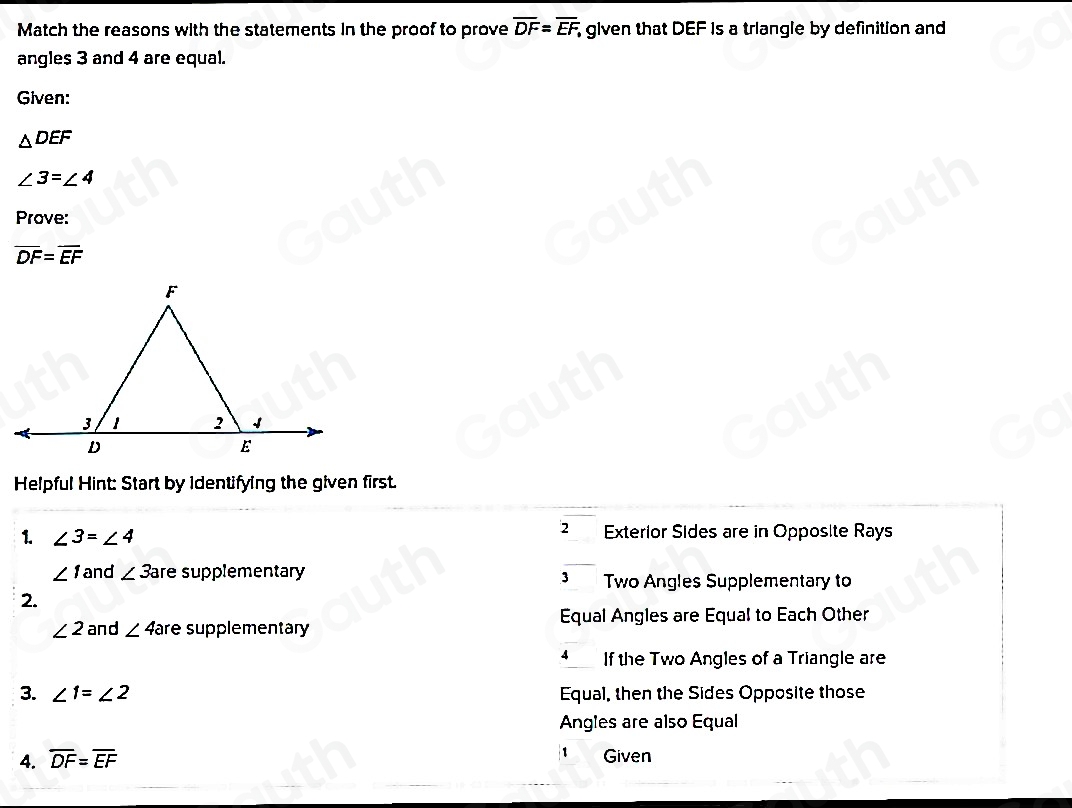 Solved: Match the reasons with the statements in the proof to prove ...