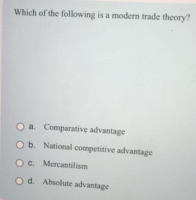Solved: Which of the following is a modern trade theory? a. Comparative ...