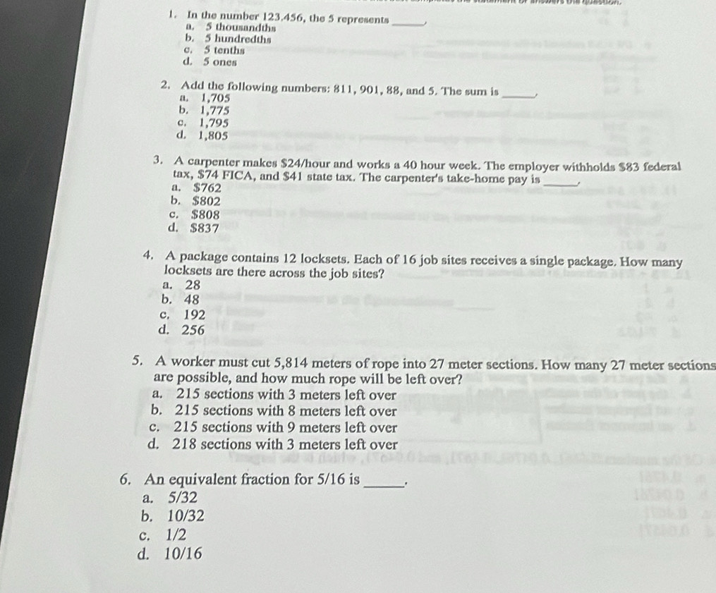Solved: In the number 123.456, the 5 represents a. 5 thousandths _ b. 5 ...
