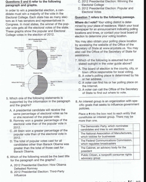 Solved: and 6 refer to the following C. 2012 Presidential Election ...